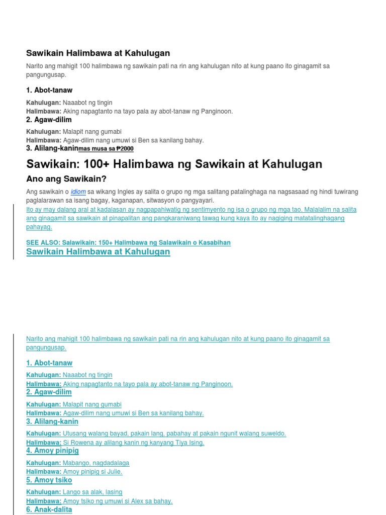 Sawikain Halimbawa at Kahulugan | PDF