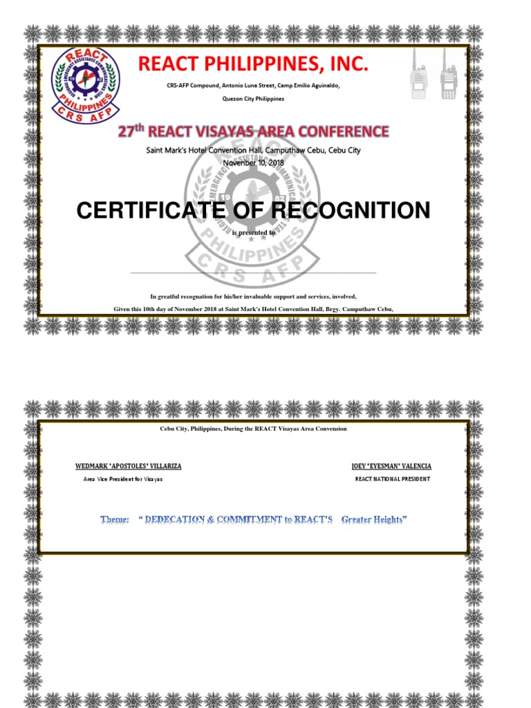 React Philippines, Inc.: Certificate of Recognition | PDF
