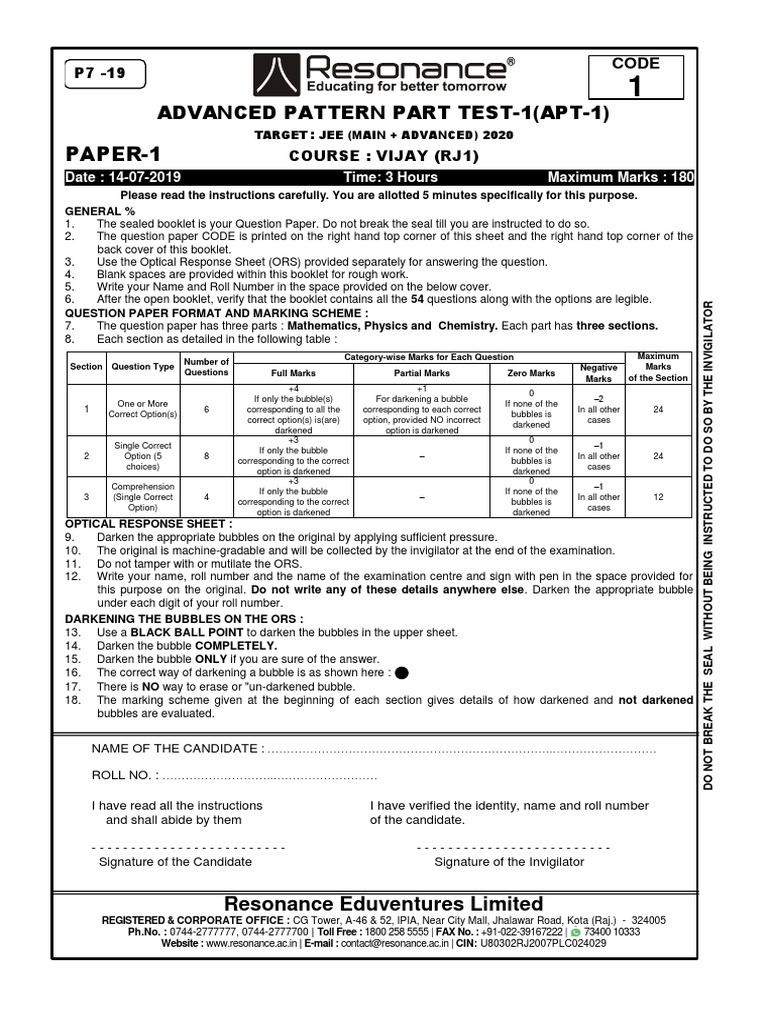 Paper-1: Advanced Pattern Part Test-1 (Apt-1) | PDF | Acceleration ...