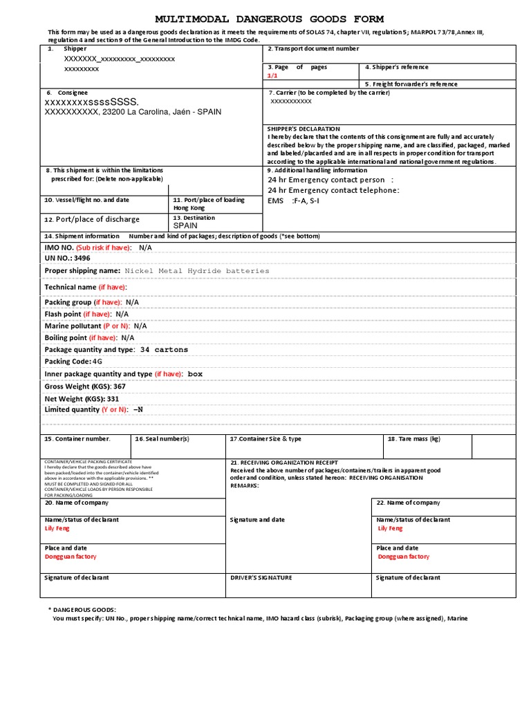 Multimodal Dangerous Goods Form: Xxxxxxxxssssssss | Download Free PDF | Dangerous Goods | Transport