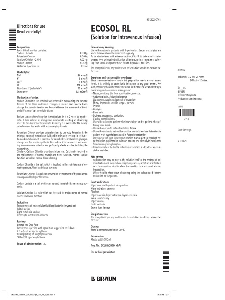Ecosol RL: (Solution For Intravenous Infusion) | PDF | Electrolyte ...
