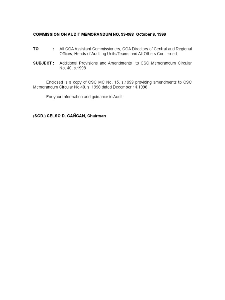 Commission On Audit Memorandum No. 99-068 October 6, 1999 | PDF ...