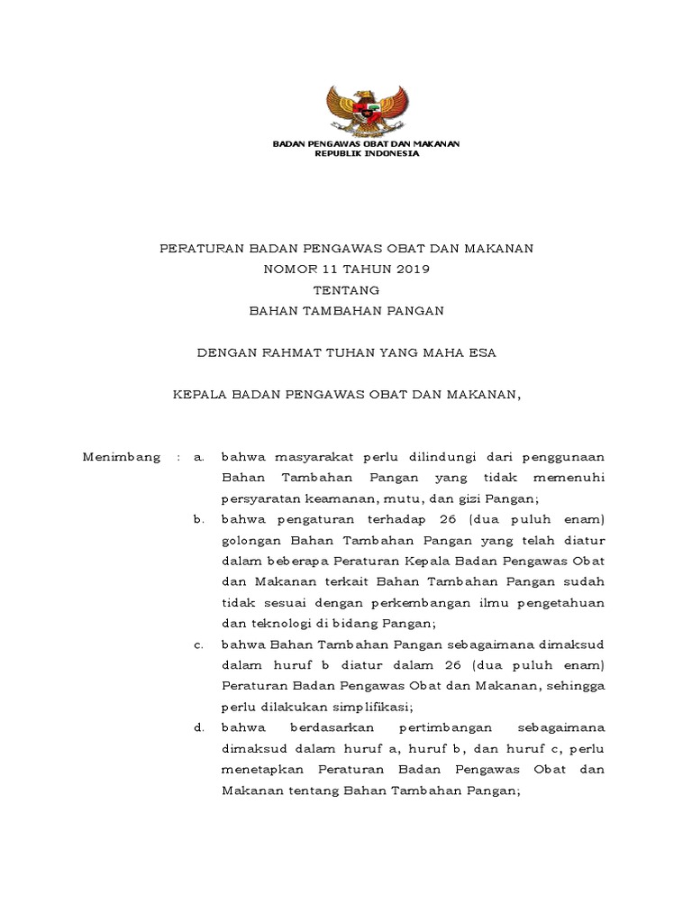 PerBPOM No 11 Tahun 2019 Tentang BTP | PDF