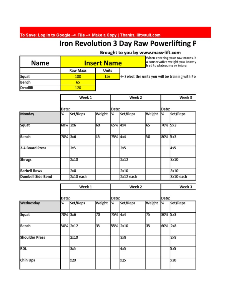 Iron Revolution 3 Day Raw Powerlifting Program | PDF | Games Of ...