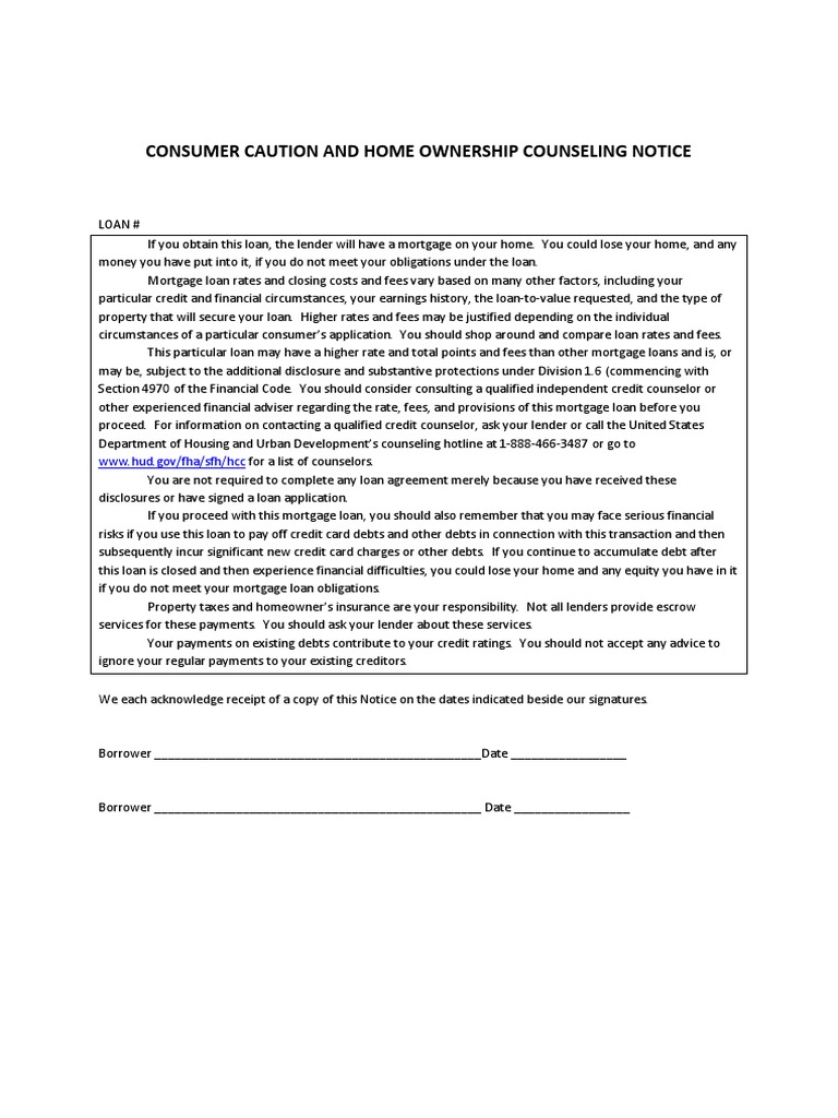 Consumer Caution and Home Ownership Counseling Notice: WWW - Hud.gov ...