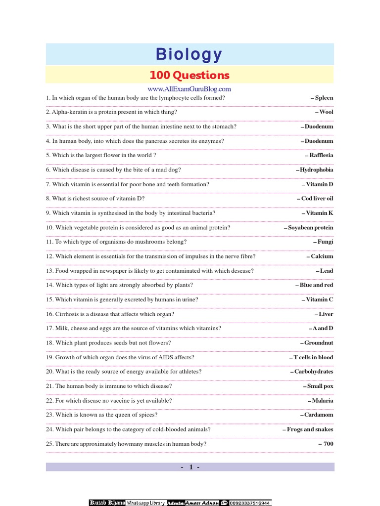 Biology Quiz: 100 Key Questions | PDF | Human Body | Vitamin D