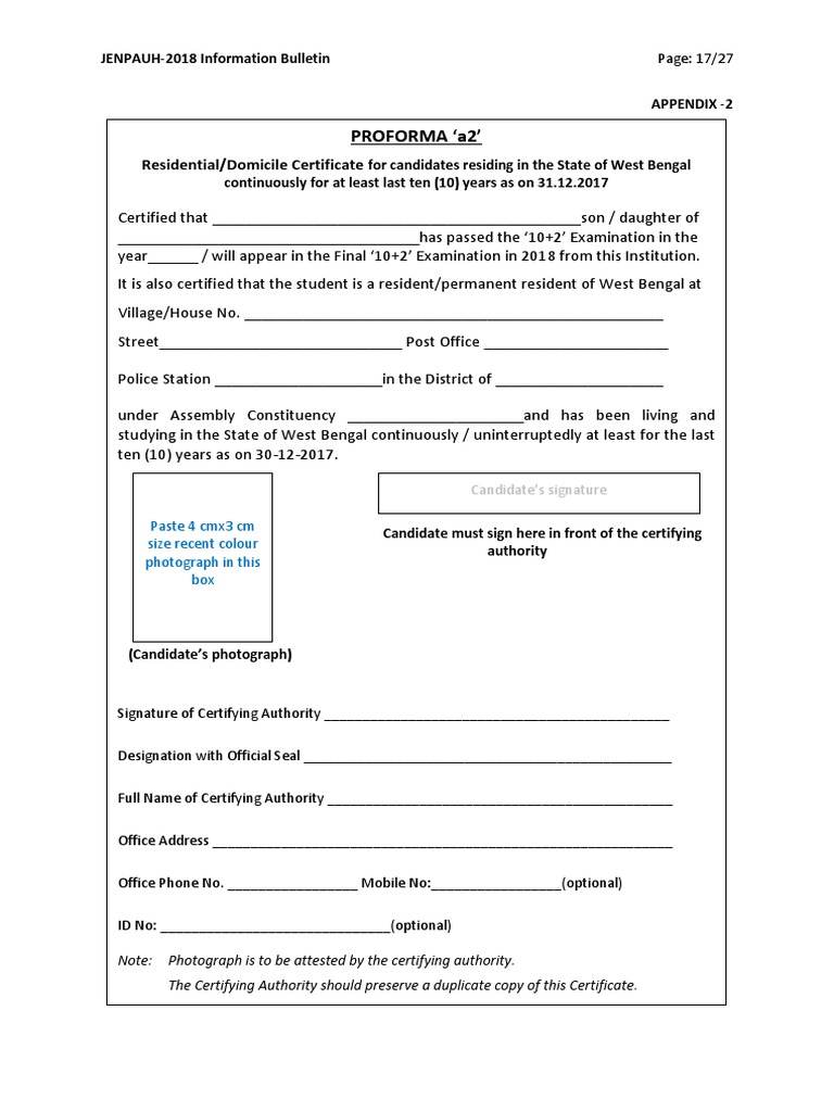 Proforma A2': Residential/Domicile Certificate | PDF
