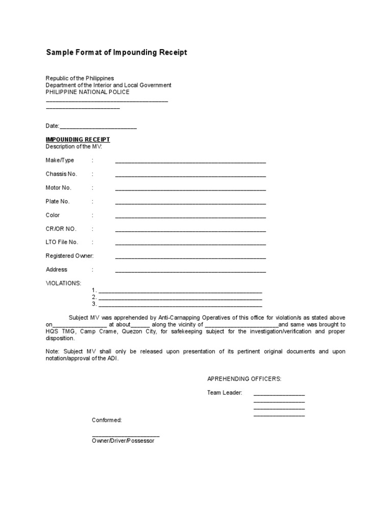 Sample Format of Impounding Receipt | PDF