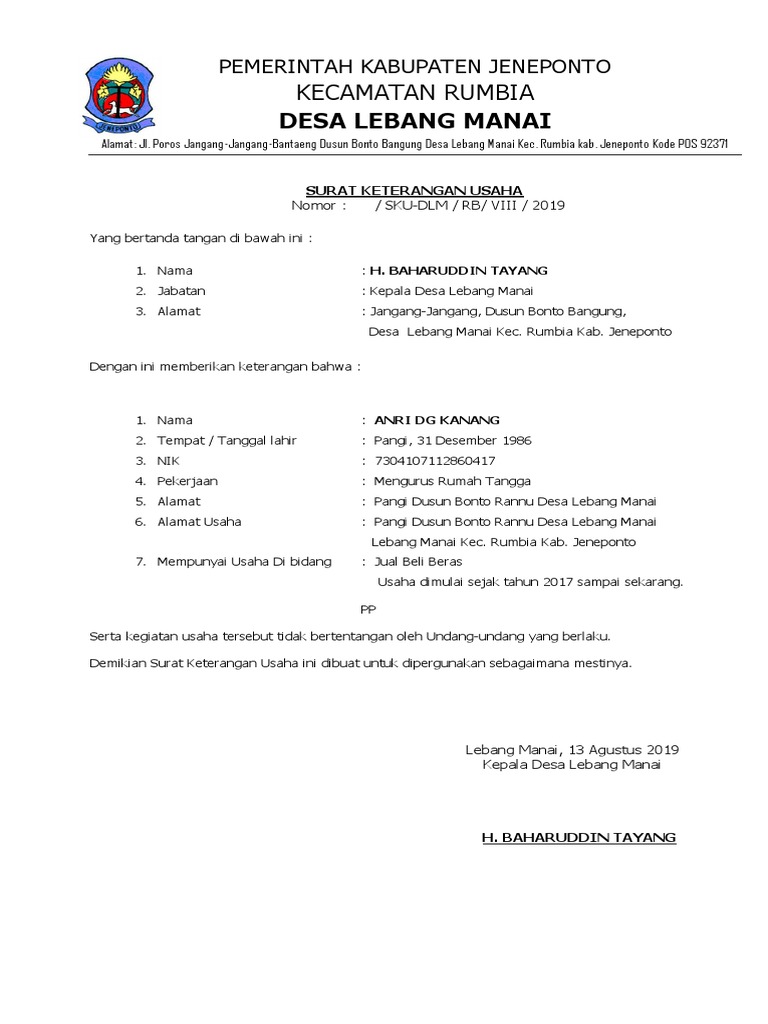 SURAT KETERANGAN USAHA UNTUK JUAL BELI BERAS DI DESA LEBANG MANAI | PDF