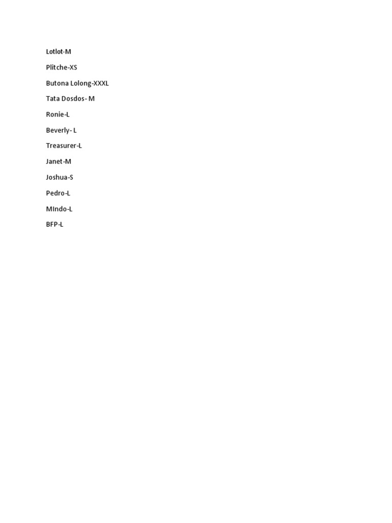 Plitche-Xs Butona Lolong-Xxxl Tata Dosdos-M Ronie-L Beverly - L Treasurer-L Janet-M Joshua-S ...