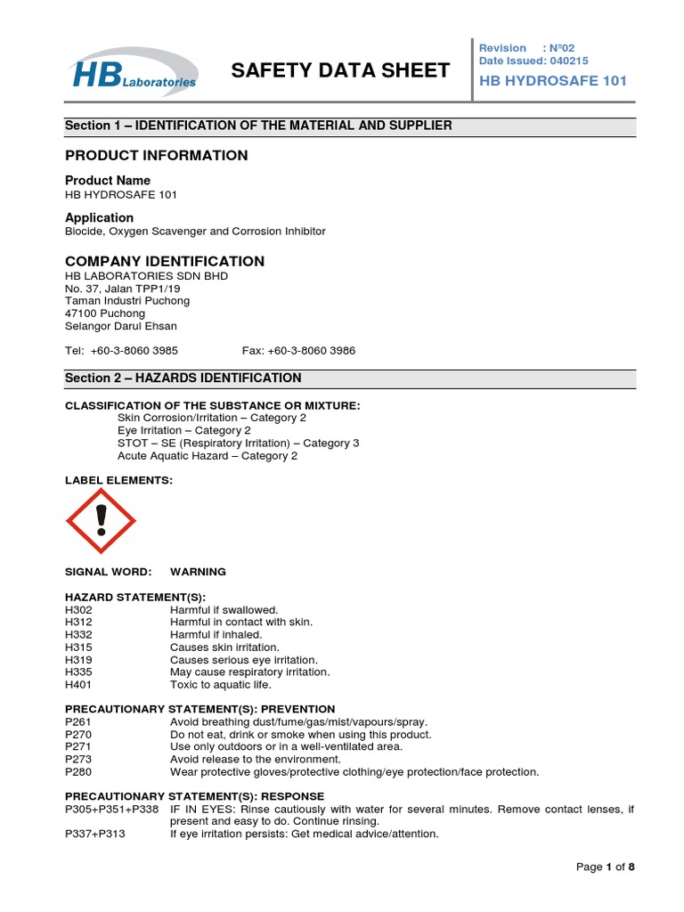 MSDS Hb Hydrosafe 101 | Sulfur Dioxide | Toxicity