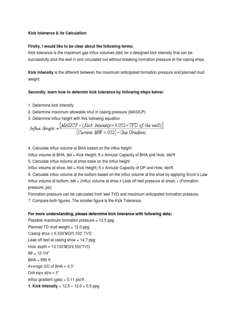 Kick Tolerance & Its Calculation | PDF | Volume | Pressure