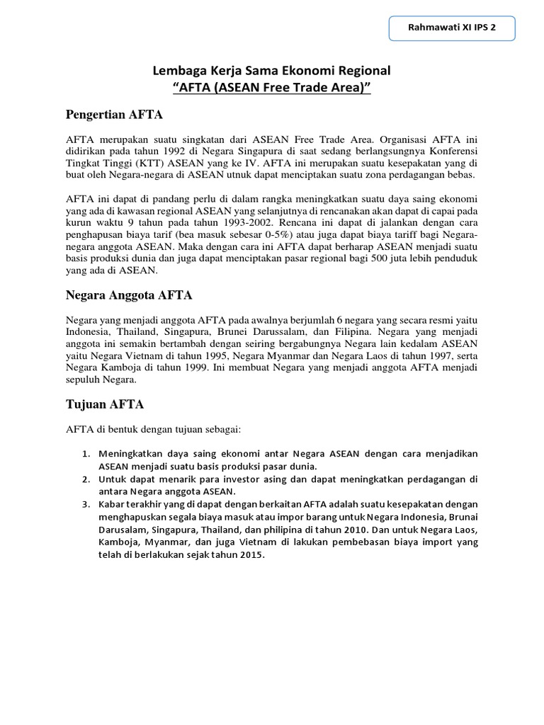 Tujuan dan Karakteristik AFTA | PDF | Bisnis | Pengelolaan Keuangan & Uang