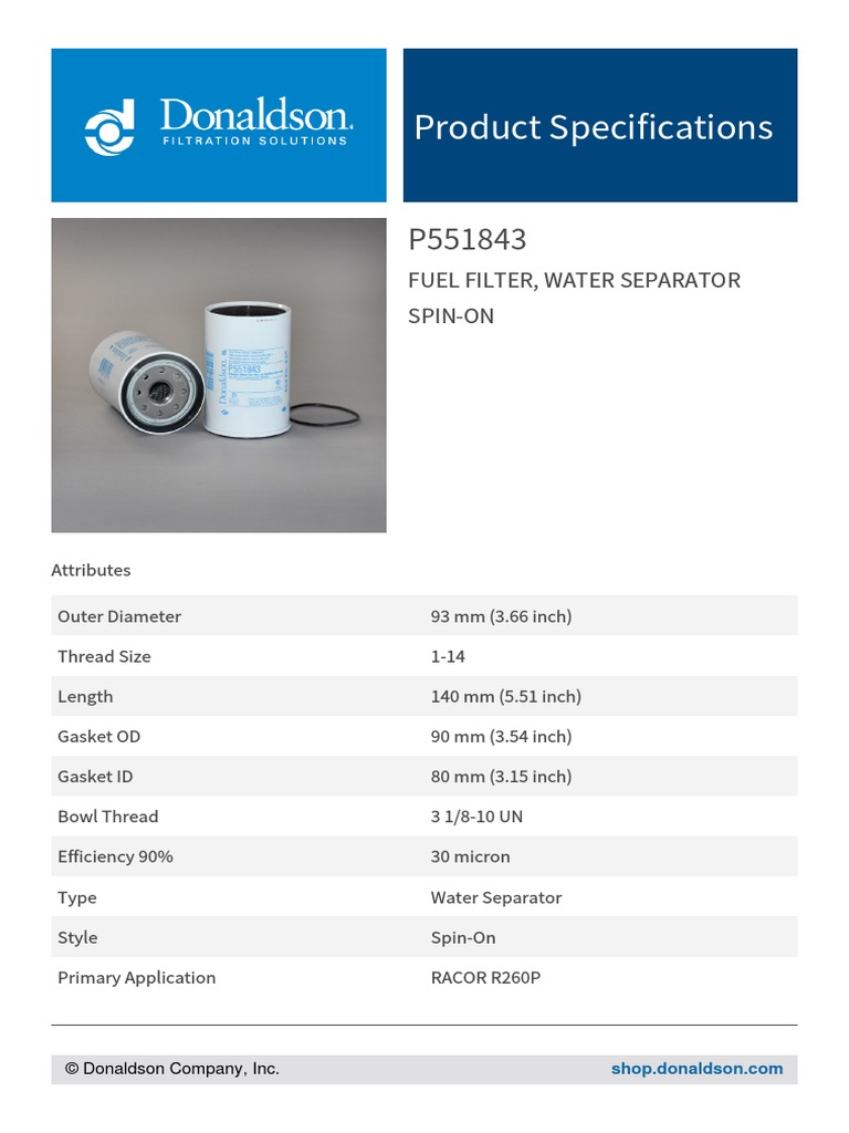 RACOR R260P Spin-On Fuel Filter Specs | PDF | Technology & Engineering