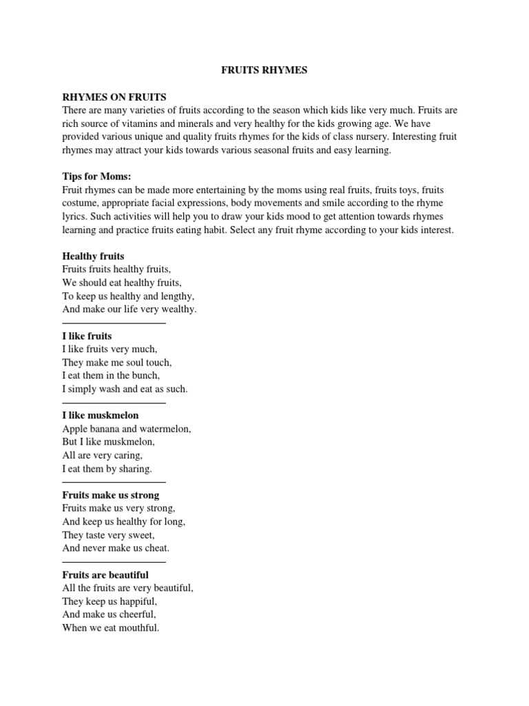 Fruits Rhymes Rhymes On Fruits | PDF | Fruit | Apple