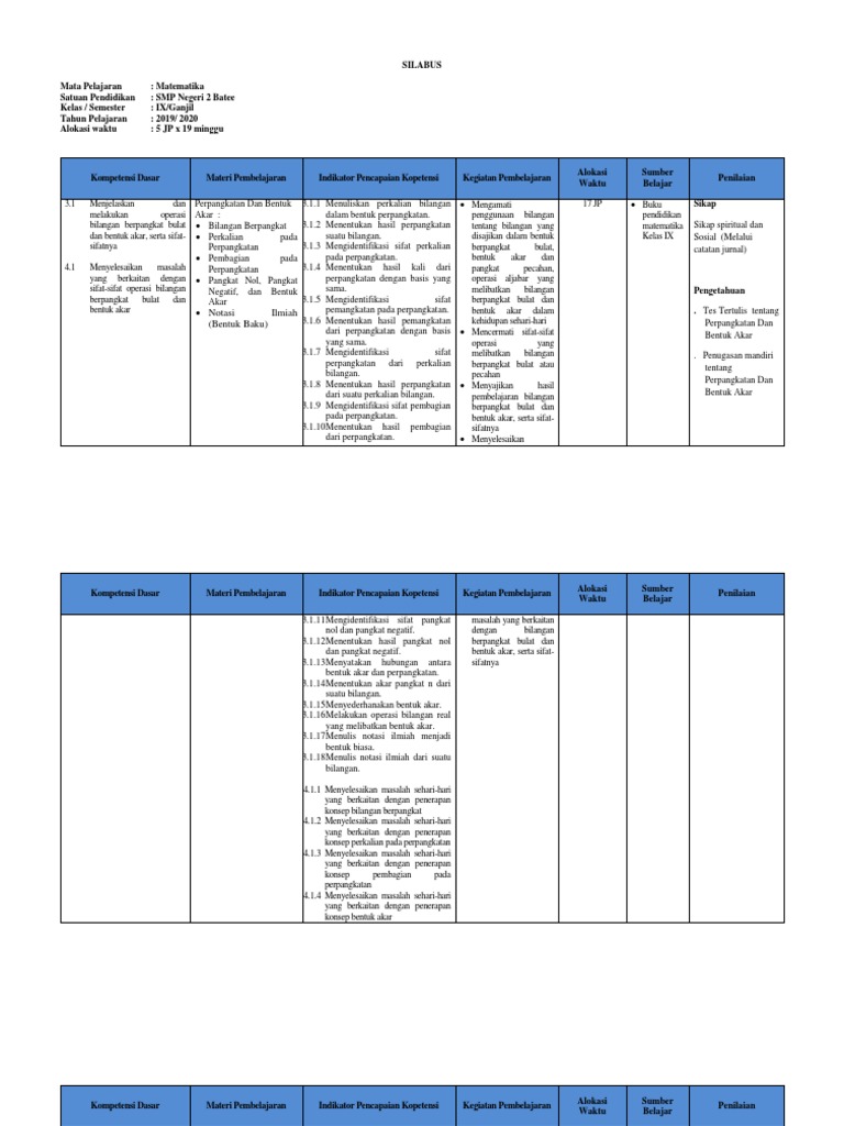Silabus MTK Kelas 9 Semester Ganjil | PDF