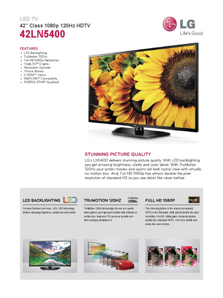 42LN5400 Spec Sheet TV LG 42 Inch.pdf | Hdmi | Display Resolution