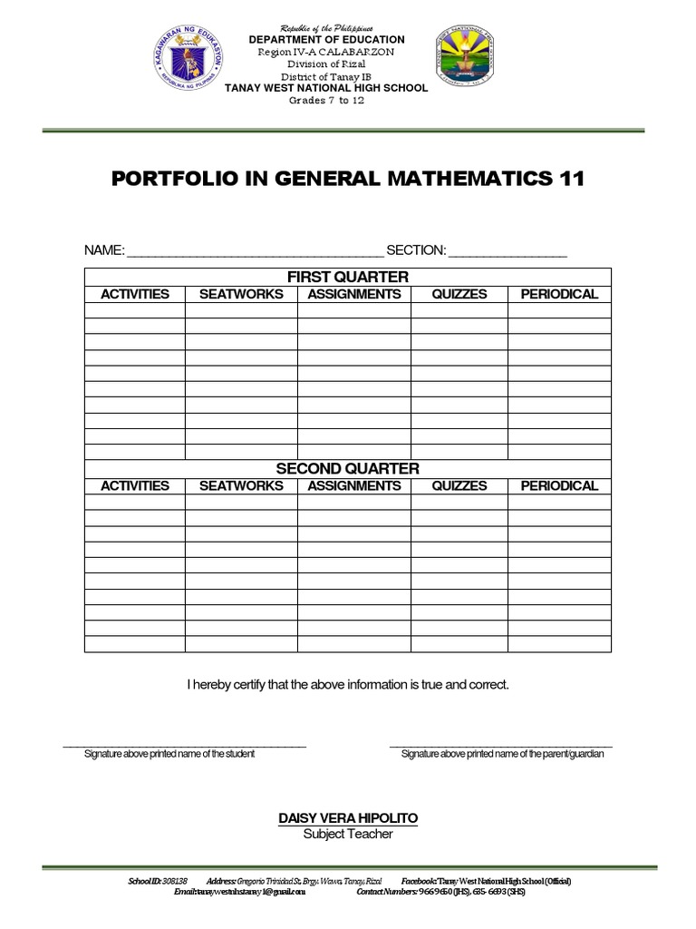 Portfolio in General Mathematics 11: First Quarter | PDF | Learning