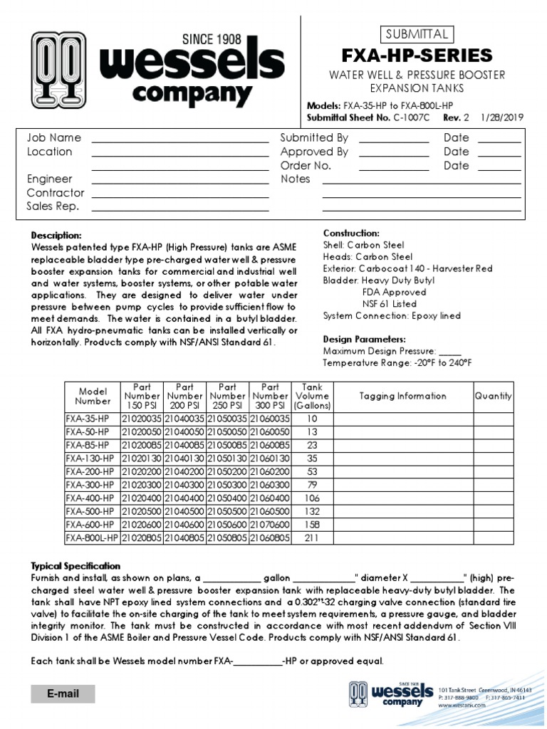Wessels FXA-HP Expansion Tank Specs | PDF | Water | Manufactured Goods