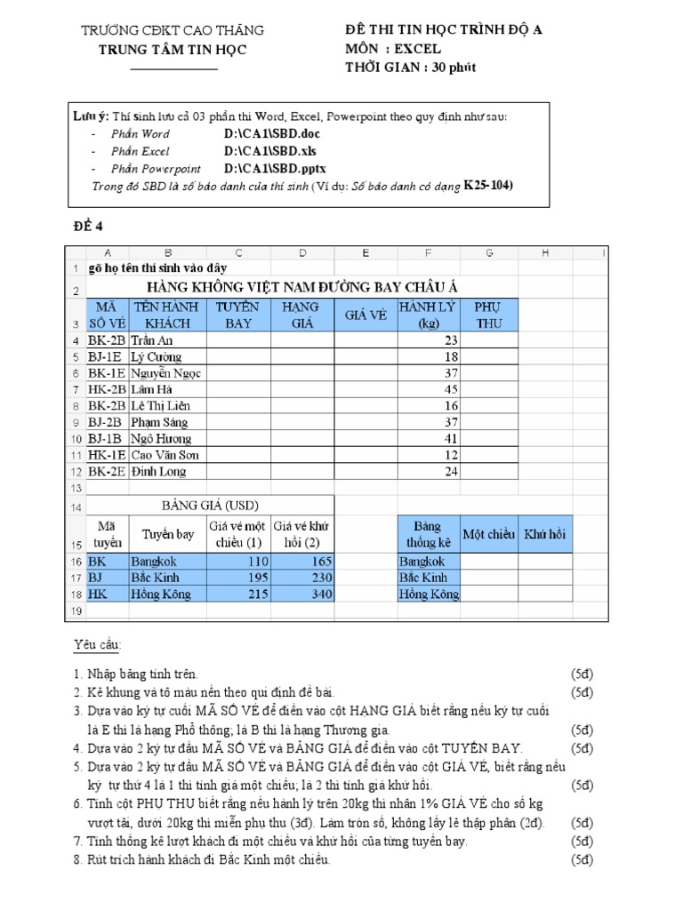 Excel - Webkynang.vn de Thi Excel Co Ban 4 | PDF