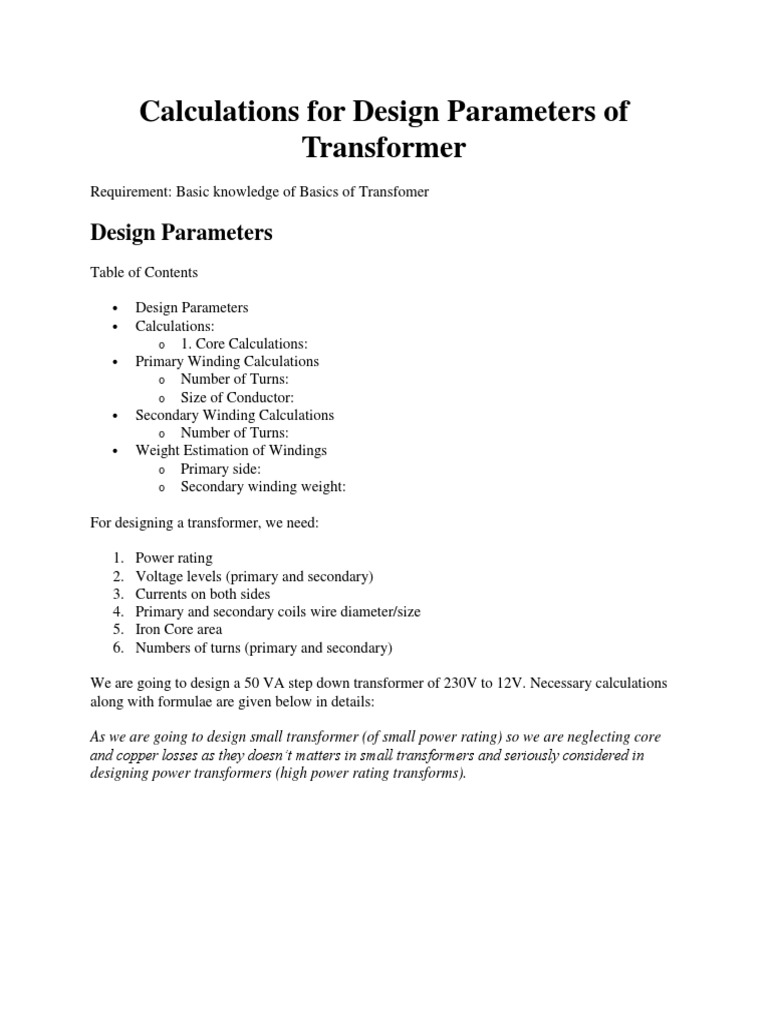 Calculations For Design Parameters of Transformer | PDF | Transformer ...