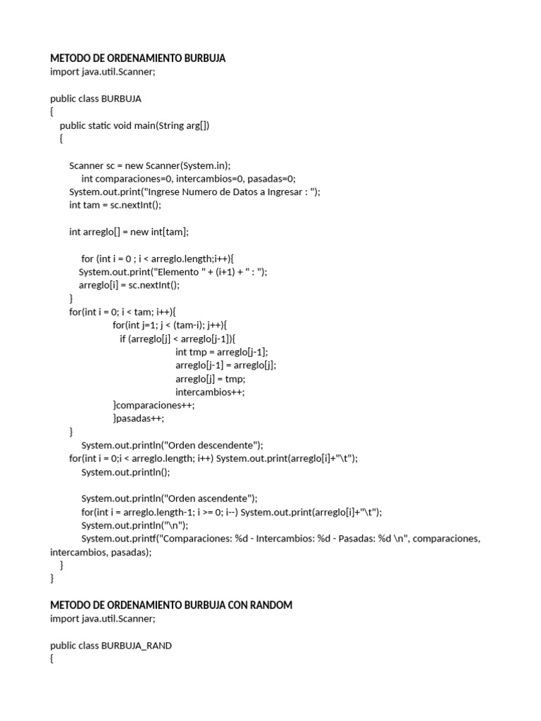 Métodos De Ordenamiento En Java Pdf Datos Programación De Computadoras