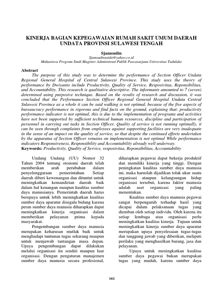Kinerja Bagian Kepegawaian Rumah Sakit Umum Daerah Undata Provinsi ...