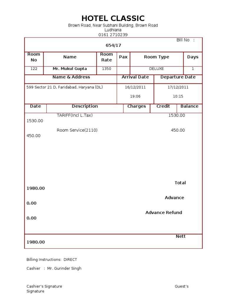 Hotel Boarding Bill Classic | PDF