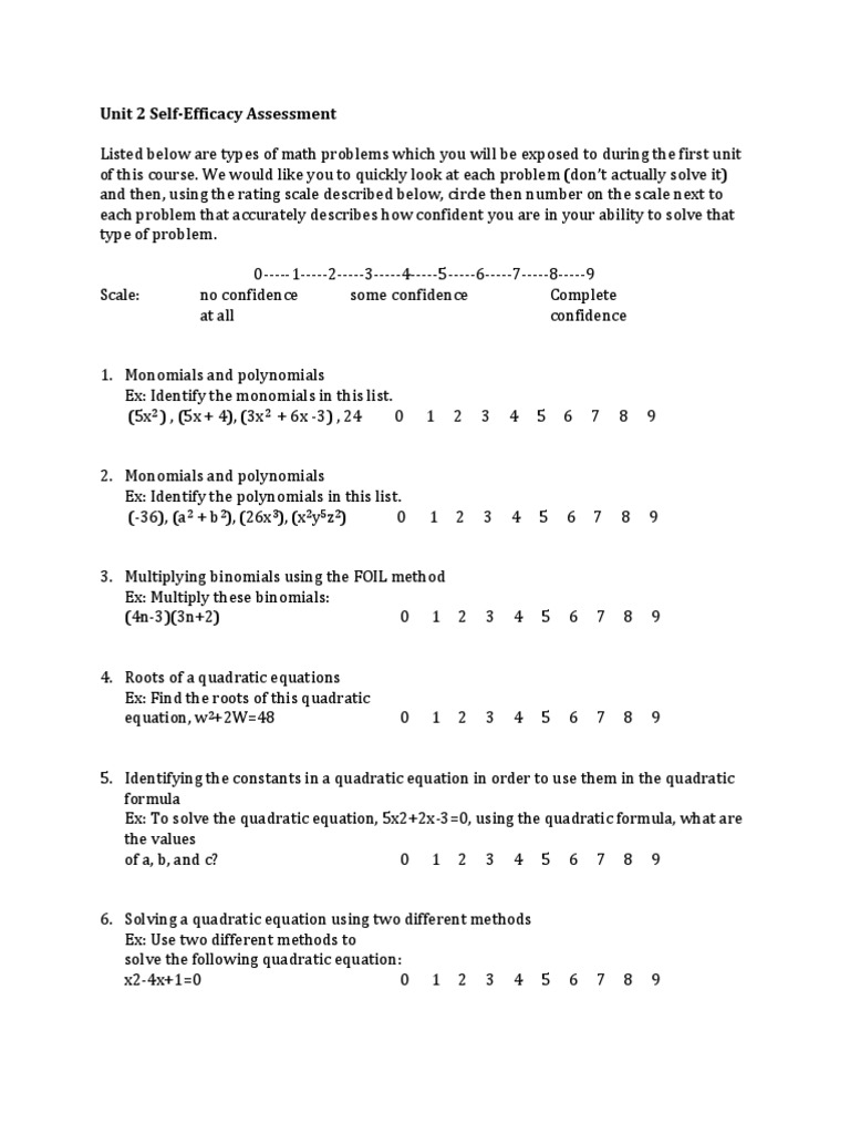 Unit 2 Self-Efficacy Assessment | PDF | Quadratic Equation | Capacitor