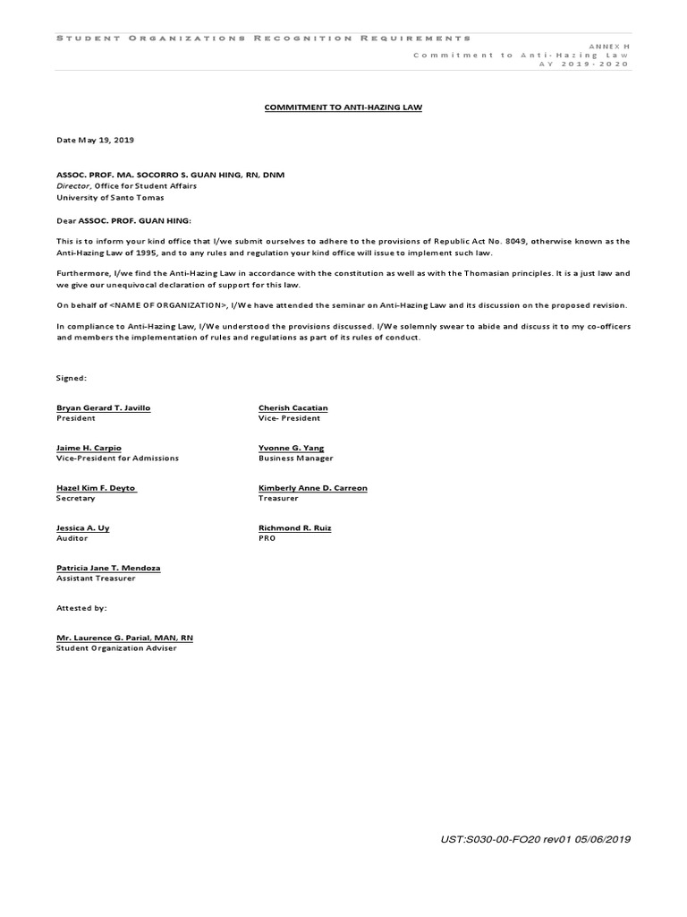 13 ANNEX H - Commitment To Anti-Hazing Law 2019 | PDF