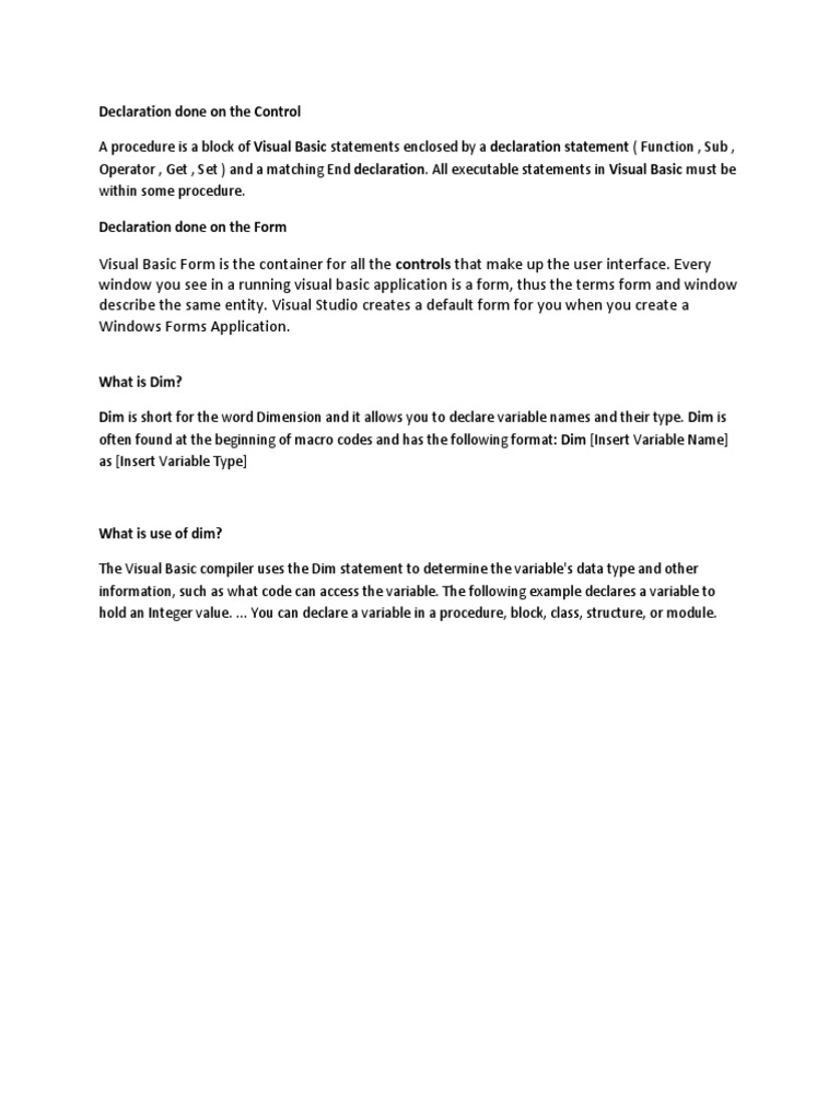 Visual Basic Procedures and Dim Usage | PDF | Business | Technology & Engineering