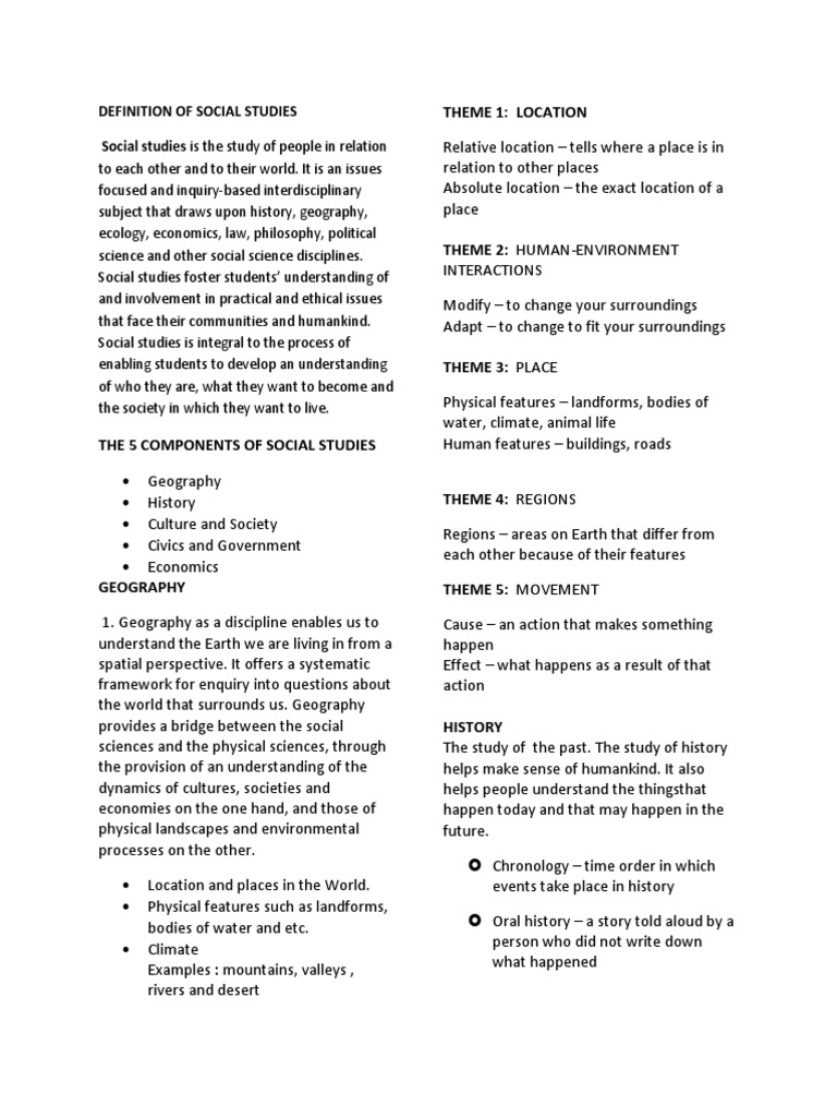Theme 1: Location: Definition of Social Studies Social Studies Is The ...