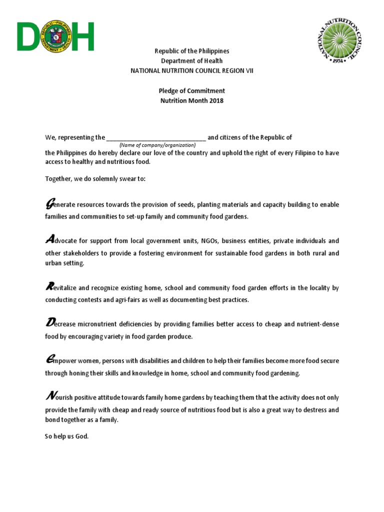 Pledge of Commitment Nutrition Month 2018: (Name of Company ...