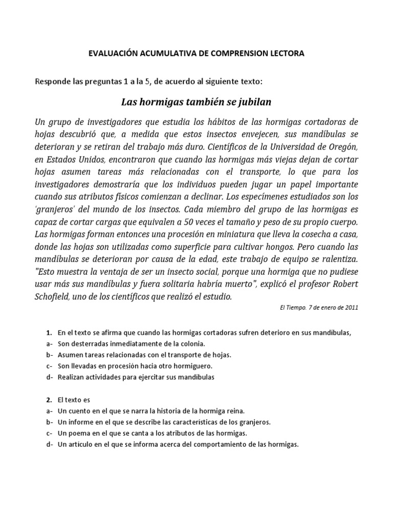 Comprension Lectora | PDF | Hormiga | Insectos