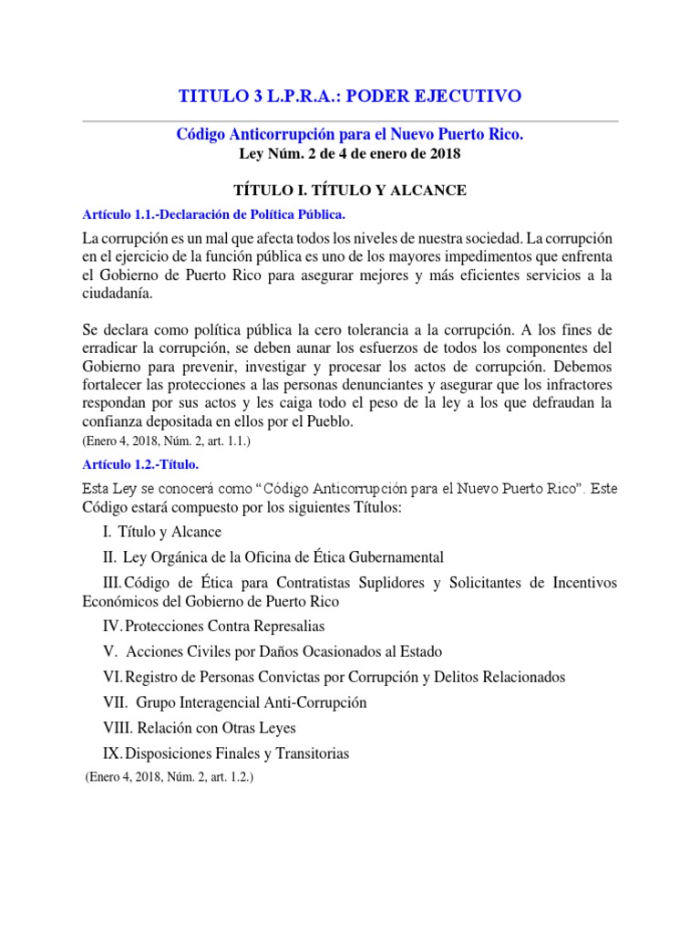Ley Núm 2-2018 - Código Anticorrupción para El Nuevo Puerto Rico | PDF | Corrupción política ...