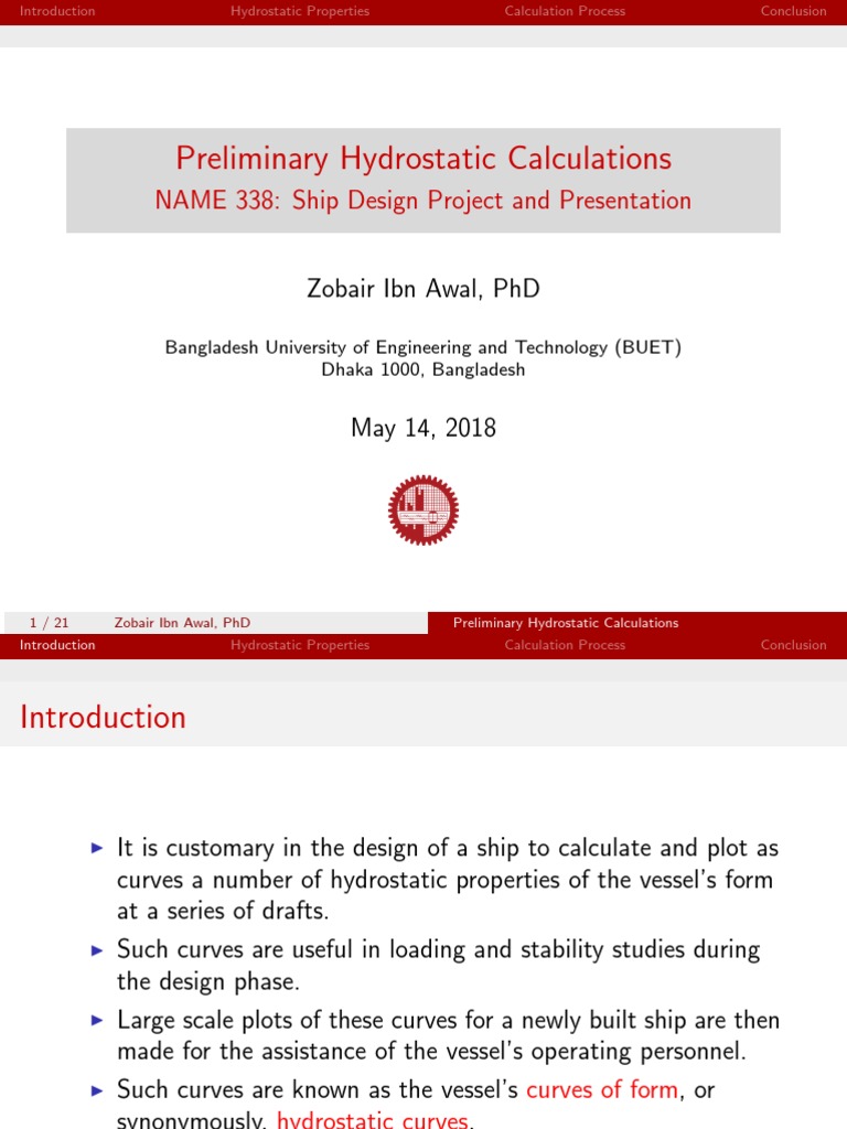 Preliminary Hydrostatic Calculations: NAME 338: Ship Design Project and ...