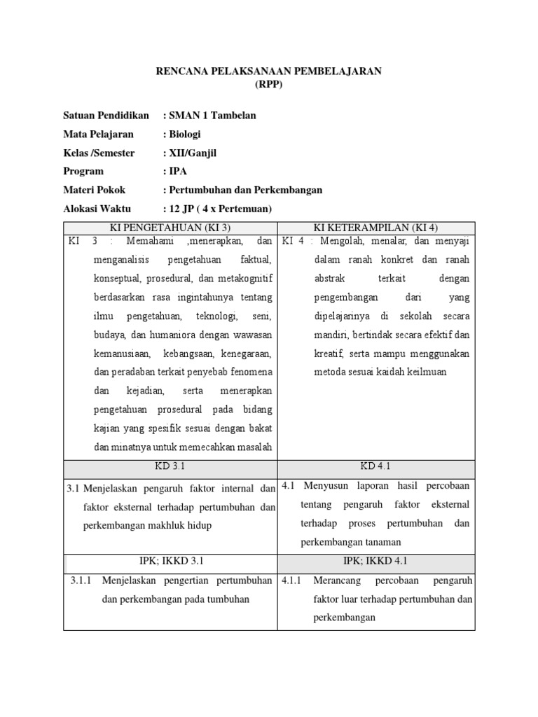 RPP Pertumbuhan Dan Perkembangan Kelas XII | PDF | Kesehatan Holistik | Sains & Matematika