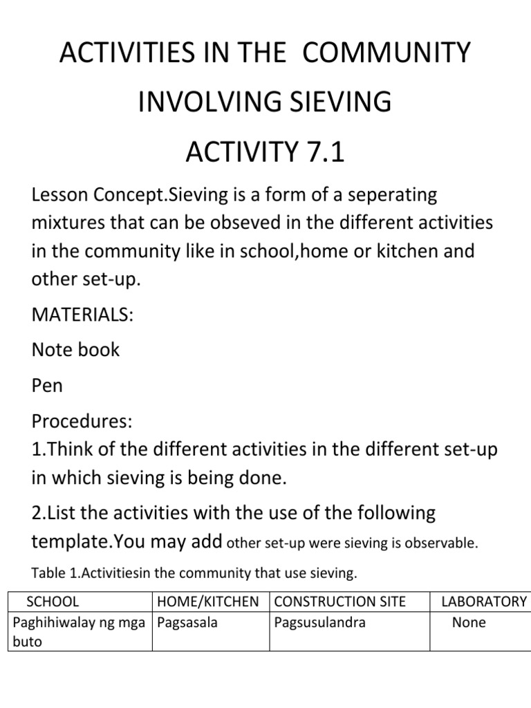 Activities in The Community Involving Sieving Activity 7.1 | PDF