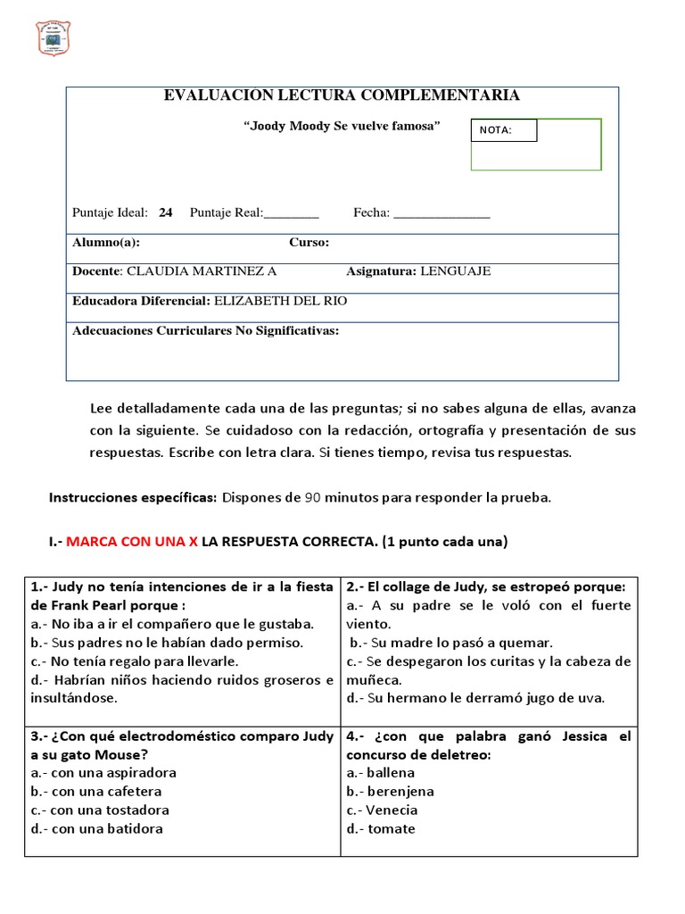 Evaluacion Judy Moody Se Vuelve Famosa | PDF | Novela negra, policíaca ...