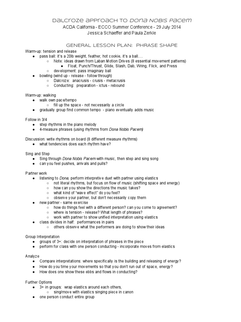 Dalcroze Method Lesson Plan Overview | PDF | Performing Arts ...