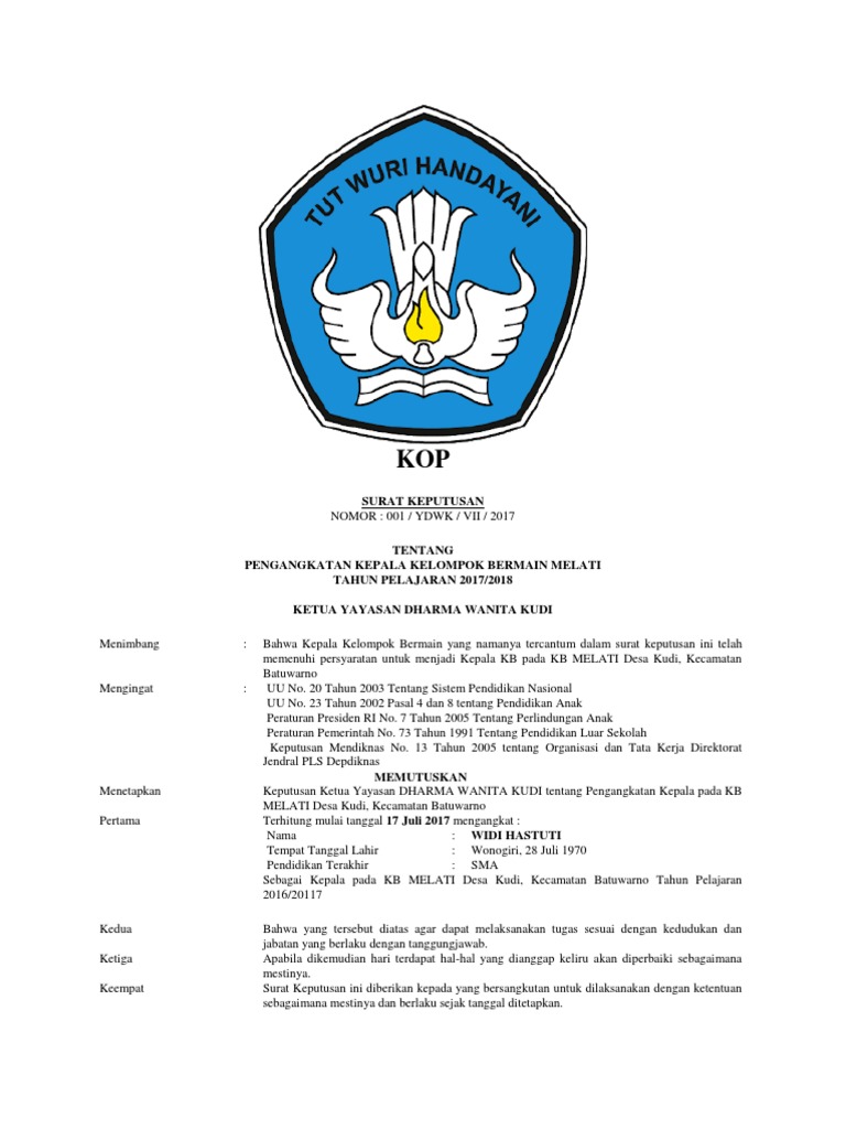 Contoh SK Pengangkatan Pengelola PAUD | PDF