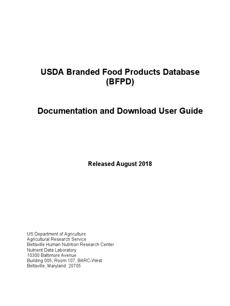 USDA Branded Food Products Database (BFPD) : Released August 2018 | PDF ...