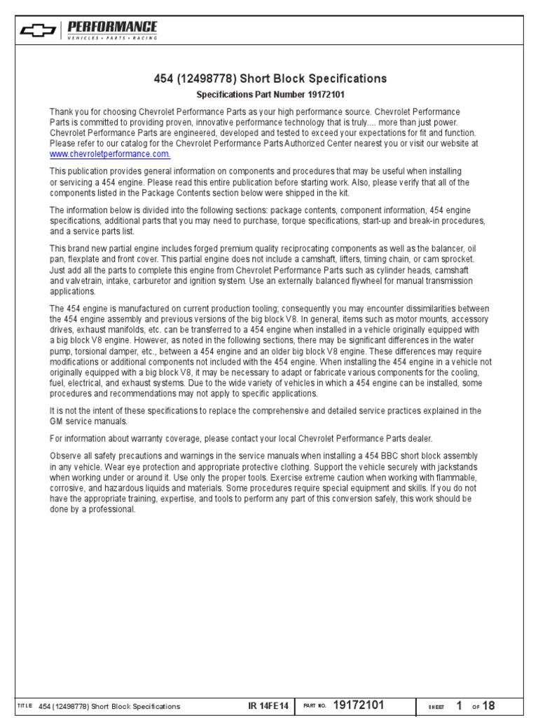 454 Short Block Crate Engine 12498778 | PDF | Distributor | Engines