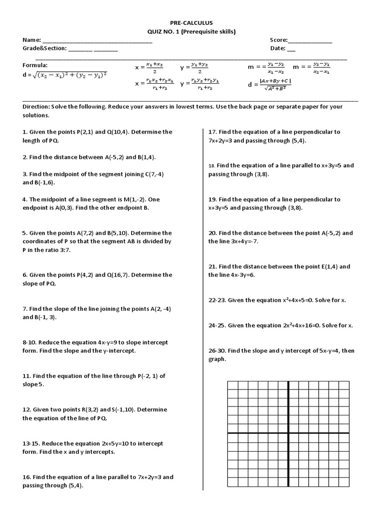 Pre-Calculus Quiz: Prerequisite Skills | PDF | Slope | Equations