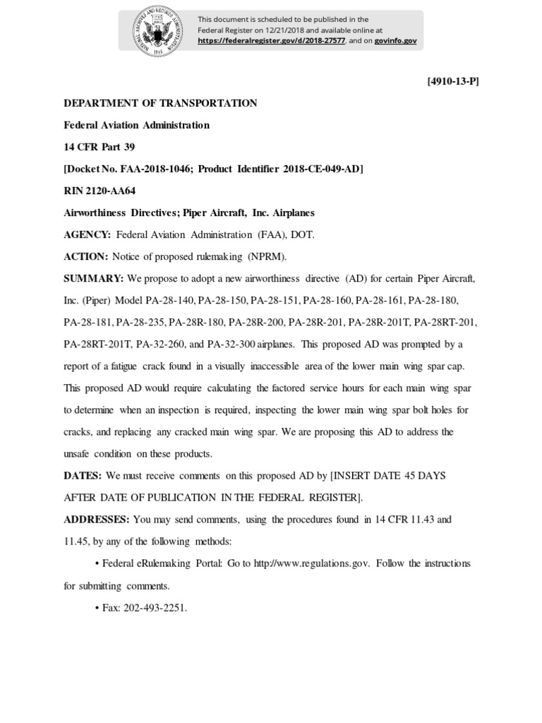 Piper 28 Airworthiness Directive | PDF | Federal Aviation ...