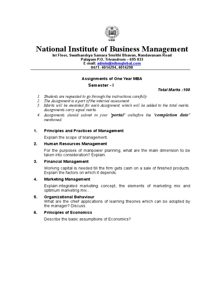 National Institute of Business Management: Assignments of One Year MBA ...