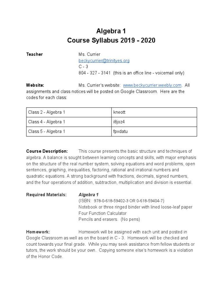 Algebra 1 Syllabus 2019 - 2020 | PDF | Algebra | Homework