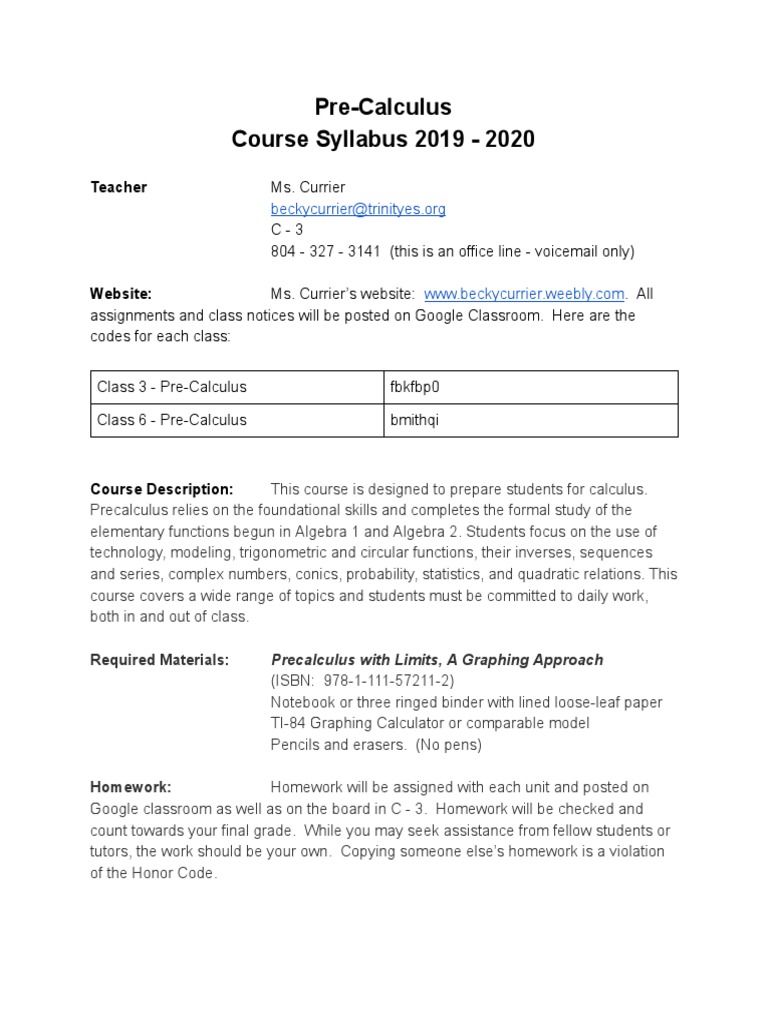 Pre-Calculus Syllabus 2019-2020 | PDF | Precalculus | Trigonometric ...