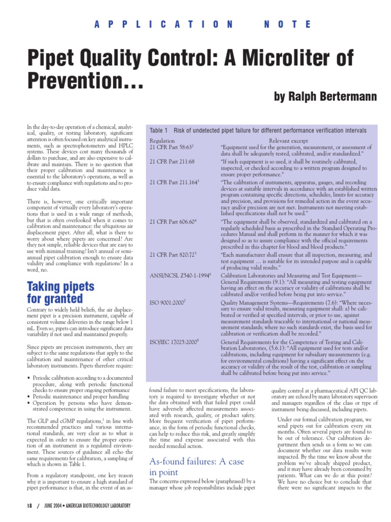AppNote - Pipette Quality Control | PDF | Calibration | Reliability ...