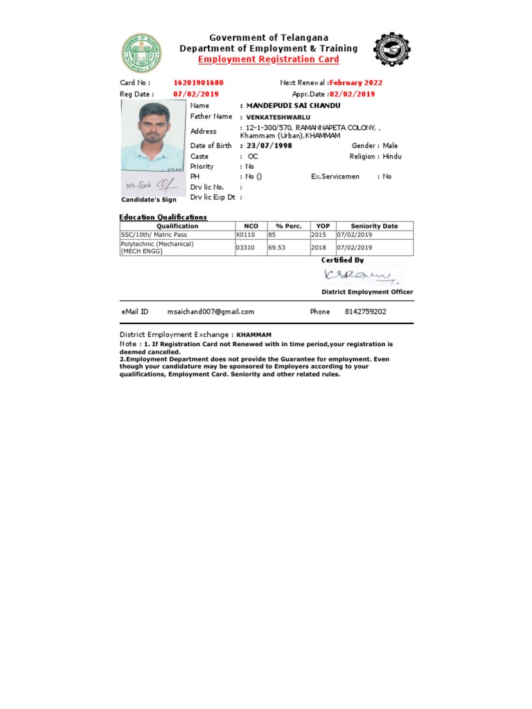 Employment Registration Card: Government of Telangana Department of ...